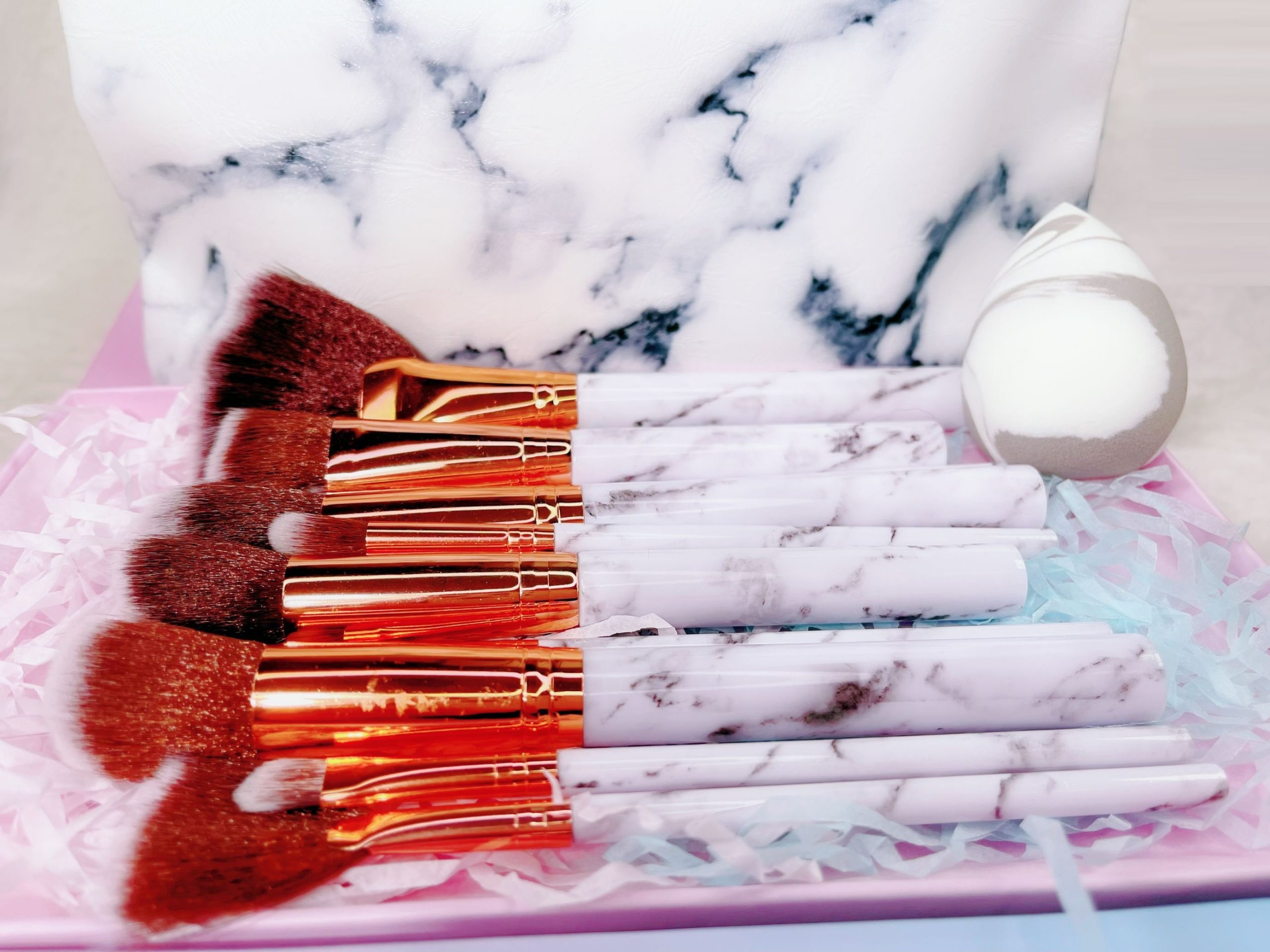 Glowii 10pcs Marble Makeup Brush Set + PU Leather Makeup Bag + Makeup ...