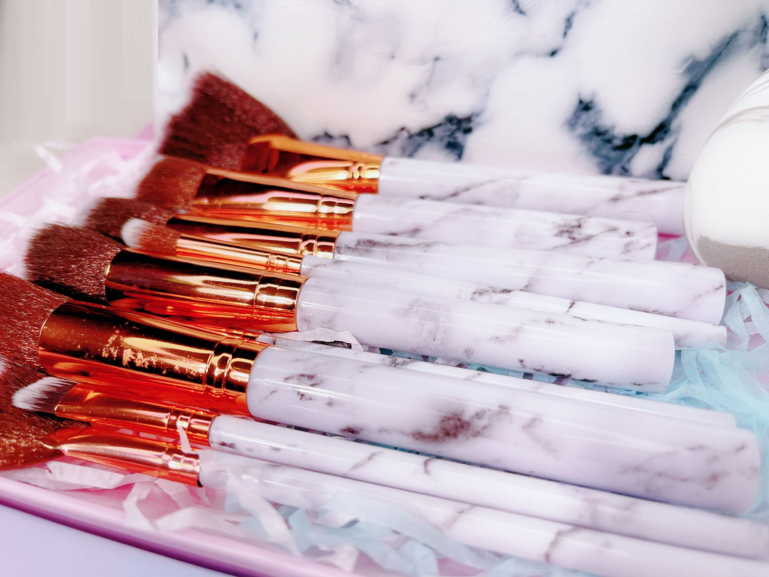 Glowii 10pcs Marble Makeup Brush Set + PU Leather Makeup Bag + Makeup ...