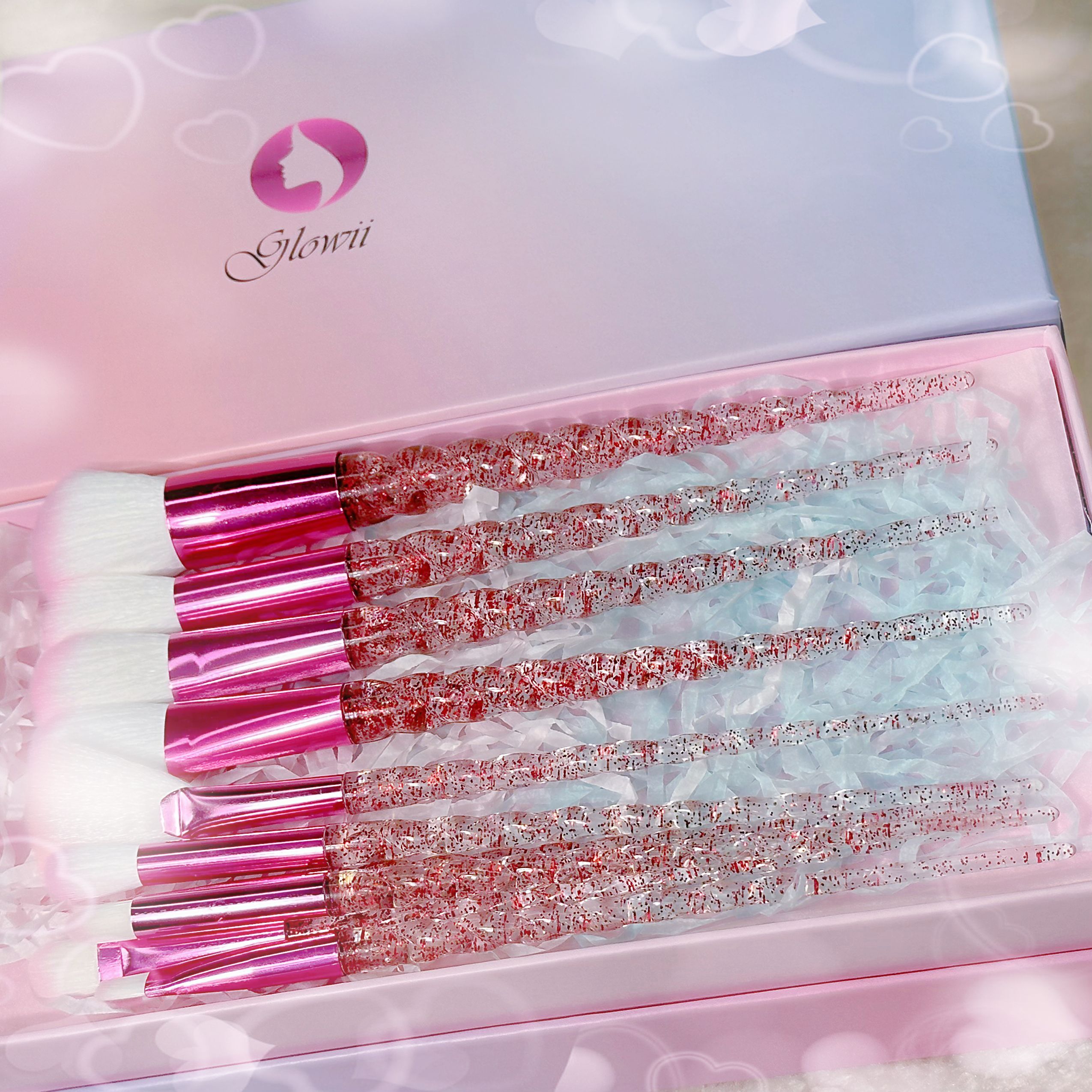 Glowii 10pcs Clear Crystal Glitter Pink-Violet Makeup Brush Set + Gift ...