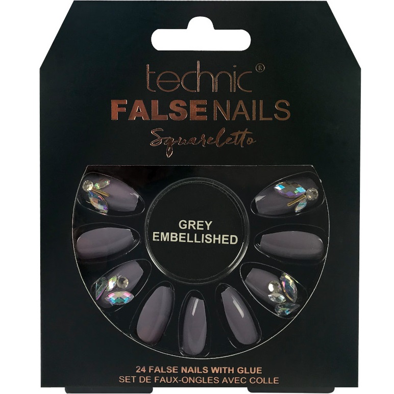 Technic False Nails Squareletto - Grey Embellished - Colour Zone Cosmetics