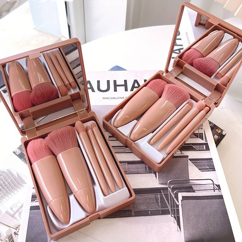 5pcs Portable Mini Makeup Brush Set with Mirror Storage Box - Light ...