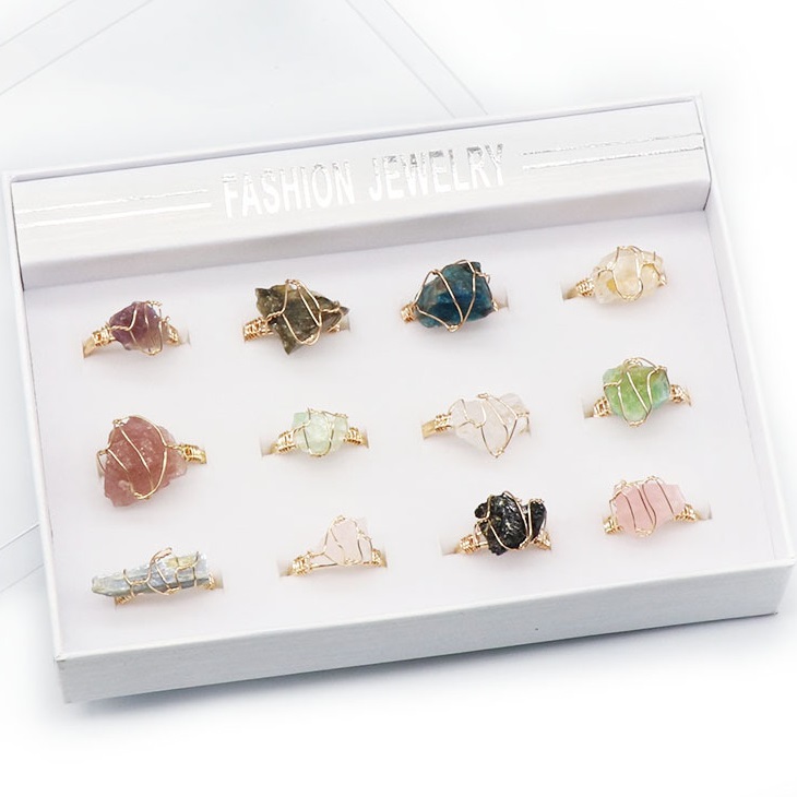 12 Adjustable Rings with Crystal Healing Stone with Display Gift Box ...