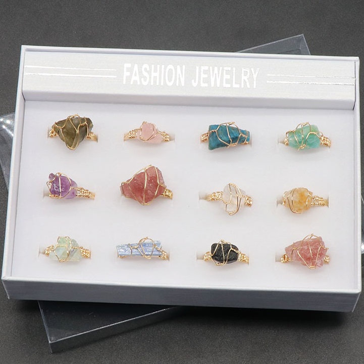 12 Adjustable Rings with Crystal Healing Stone with Display Gift Box ...