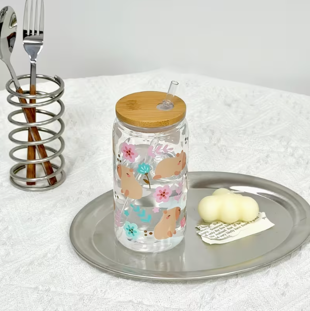 Glass Cup with Lid, Straw and Straw Brush Set - Capybara - Colour Zone ...